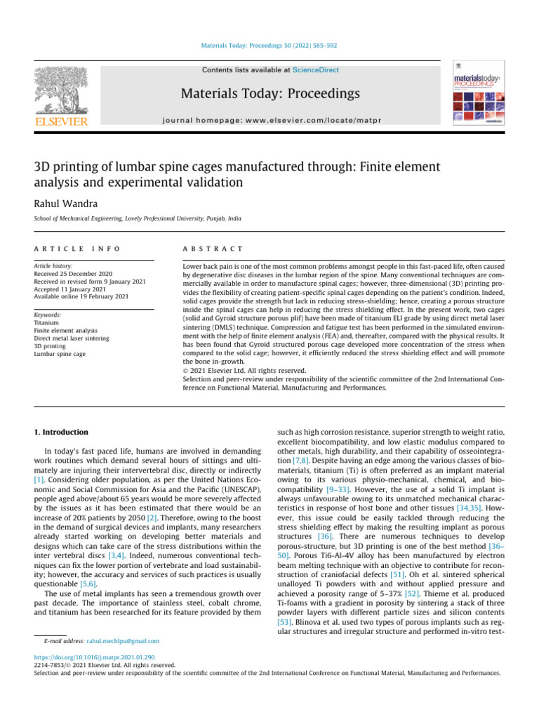 3D Printing of Lumbar Spine Cages Manufactured Through - 2022 - Materials Toda | PDF | 3 D ...