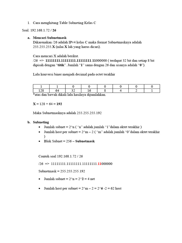 Cara Menghitung Table Subneting Kelas C | PDF | Metode & Bahan Ajar | Komputer