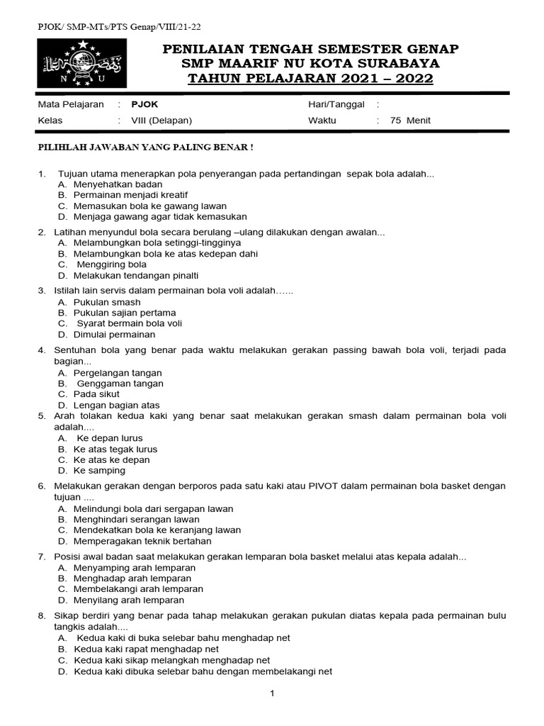 Naskah Soal PTS Genap Pjok 8 | PDF