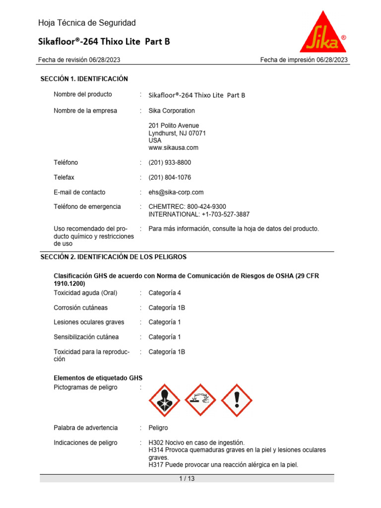Sikafloor 264 Thixo Lite Part BSpanish | PDF | Residuos | Seguridad y ...