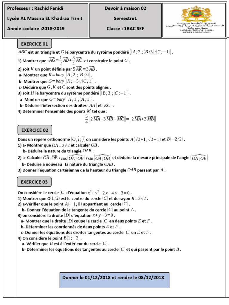 Devoir Maison Maths 1BAC SEF 2018-2019 | PDF | Euclide | Formes ...