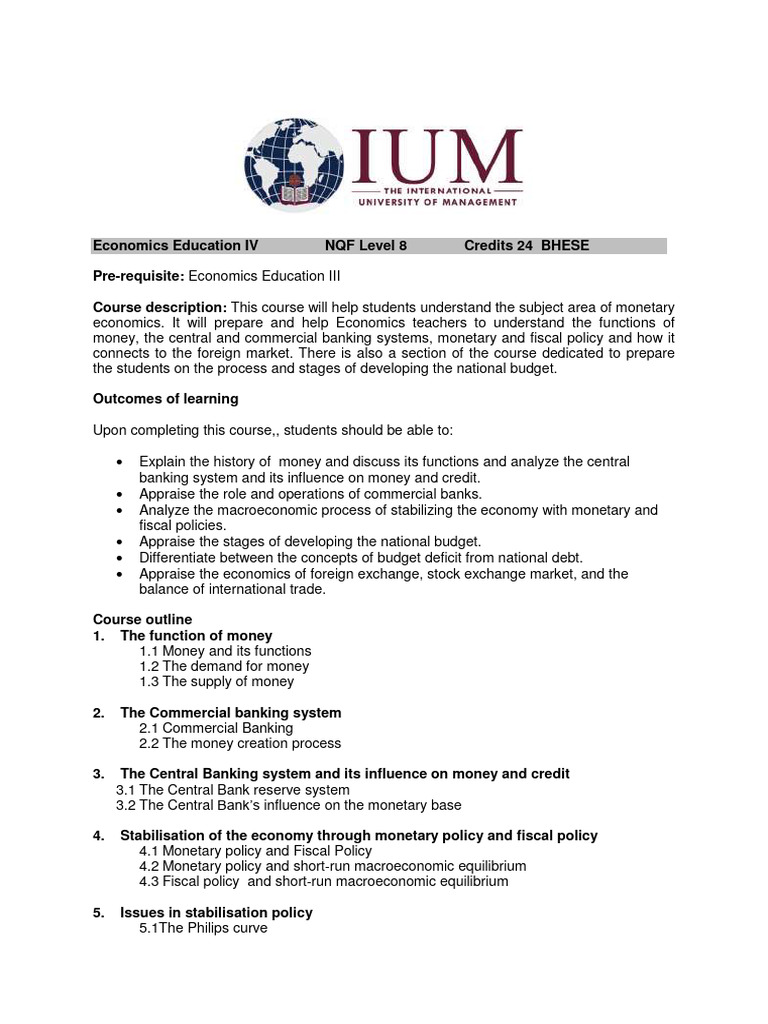 Business Studies and Economics 4 Course Outline | PDF | Monetary Policy ...