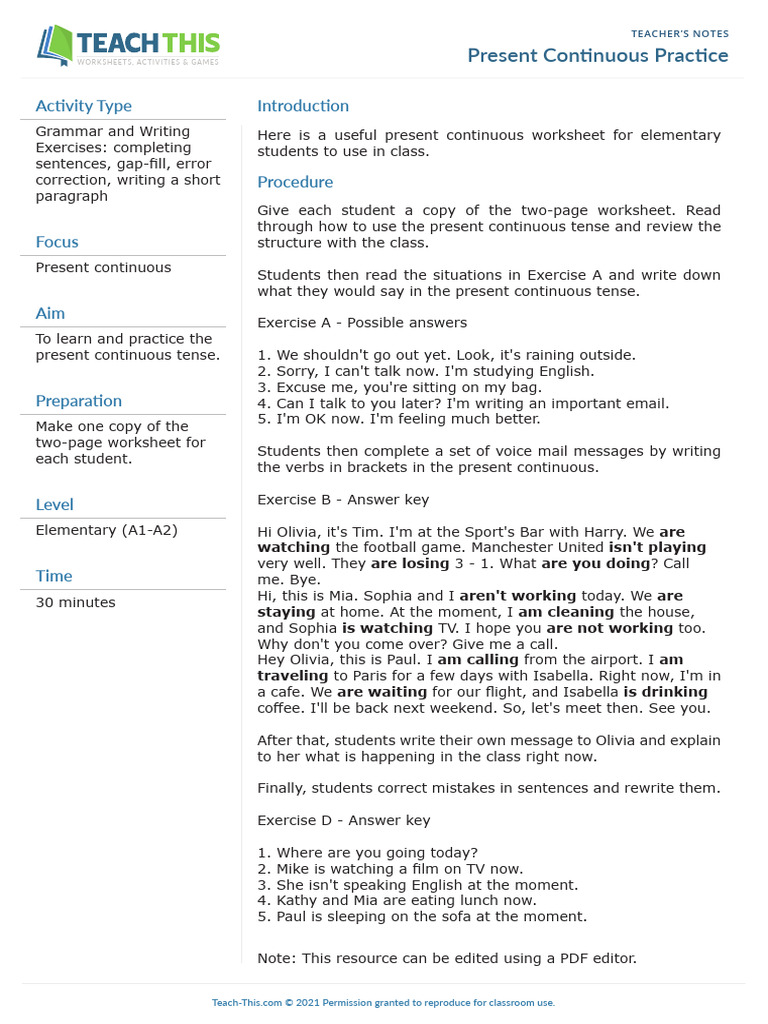 Present Continuous Practice | PDF | Grammar | Linguistics