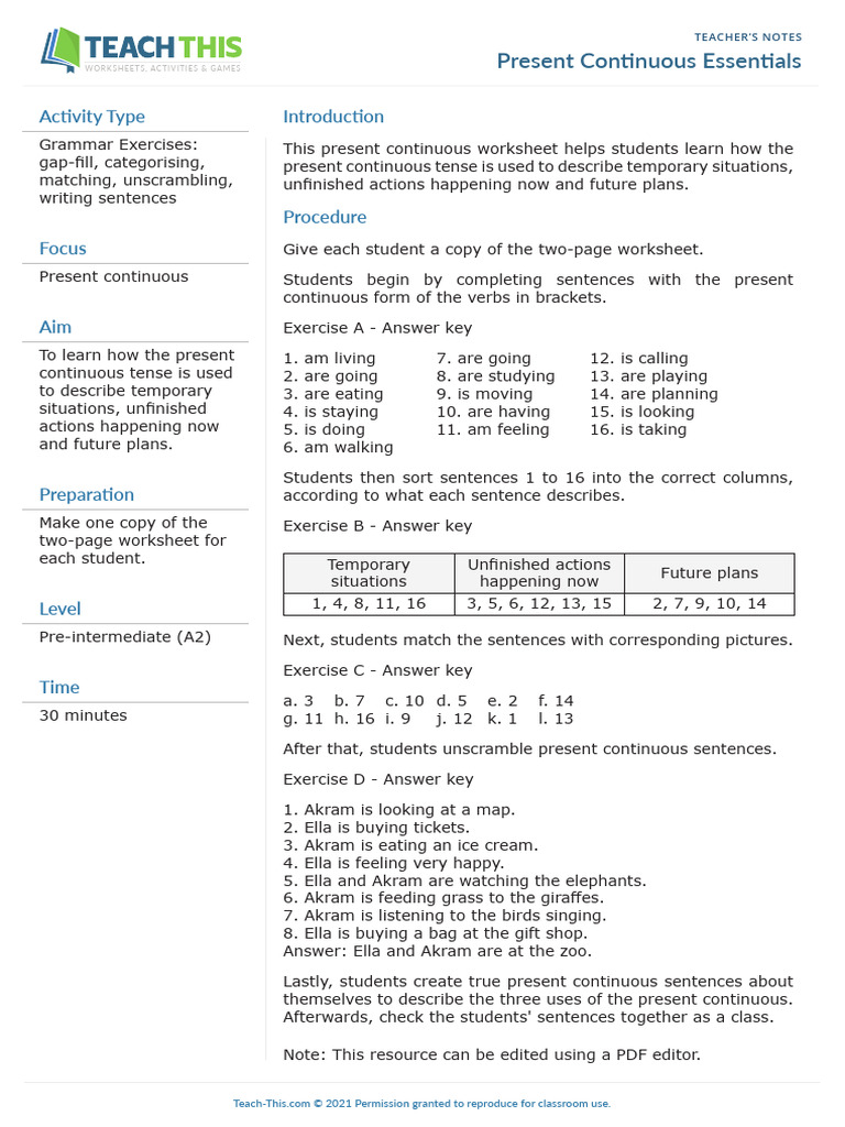 Present Continuous Lesson Plan & Activities | PDF | Linguistics ...
