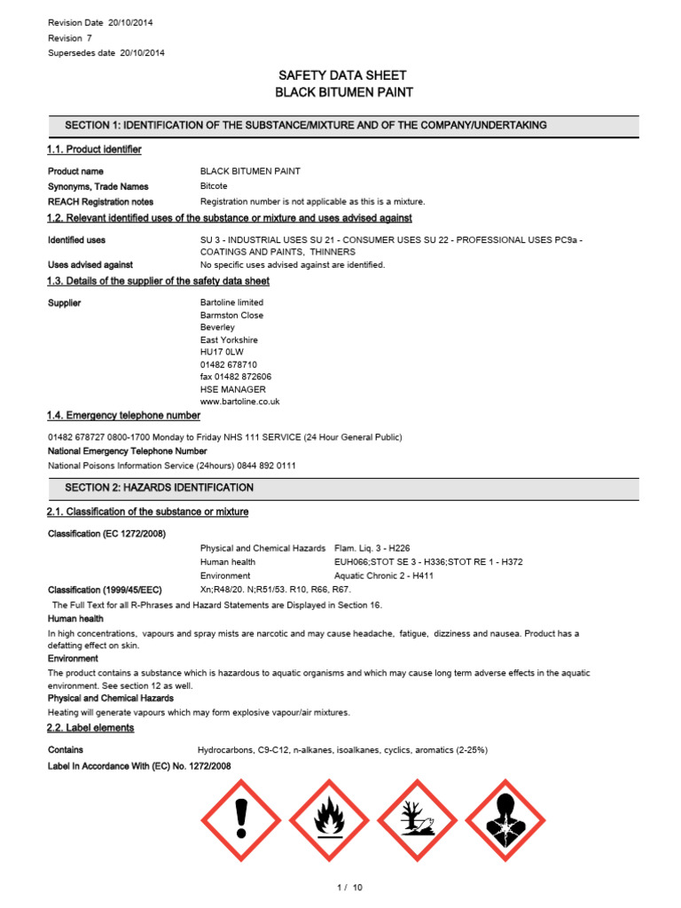 Black Bitumen Paint Safety Sheet | PDF | Dangerous Goods | Personal Protective Equipment