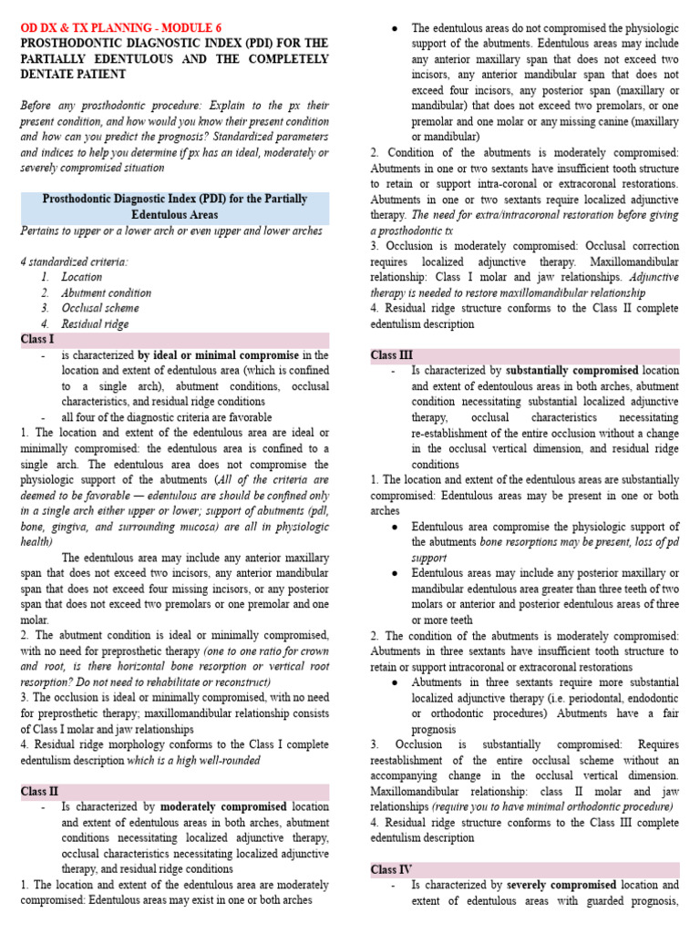 Prosthodontic Diagnostic Index (Pdi) For The Partially Edentulous and ...