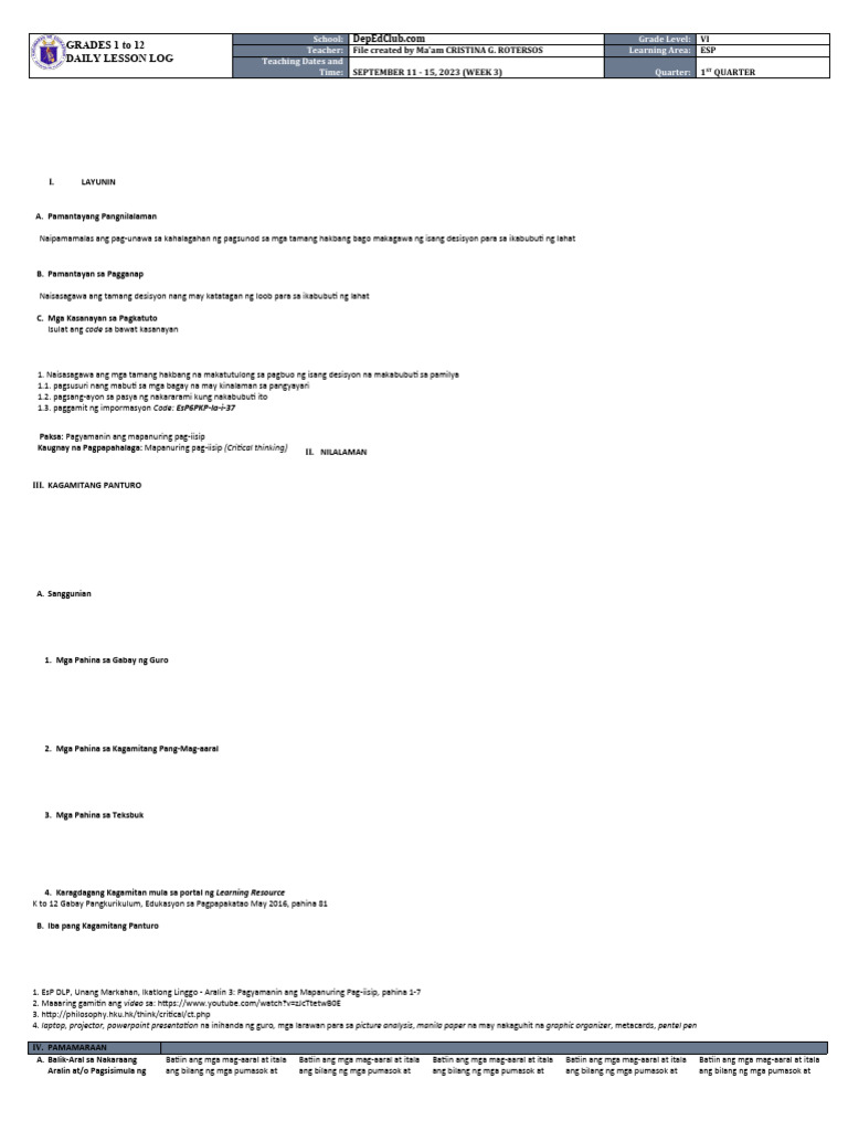 DLL - Edukasyon Sa Pagpapakatao 6 - Q1 - W3 | PDF DLL - Edukasyon Sa Pagpapakatao 6 - Q1 - W3 | PDF