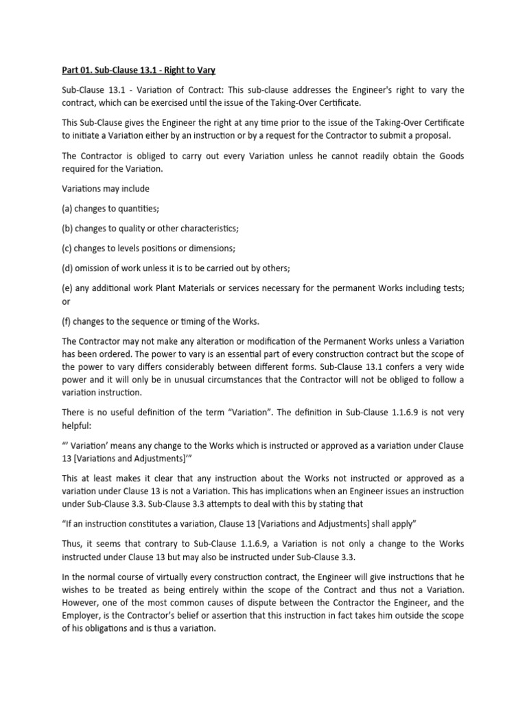 FIDIC Clause 13.1 - Right To Vary | PDF | Civil Law (Legal System ...