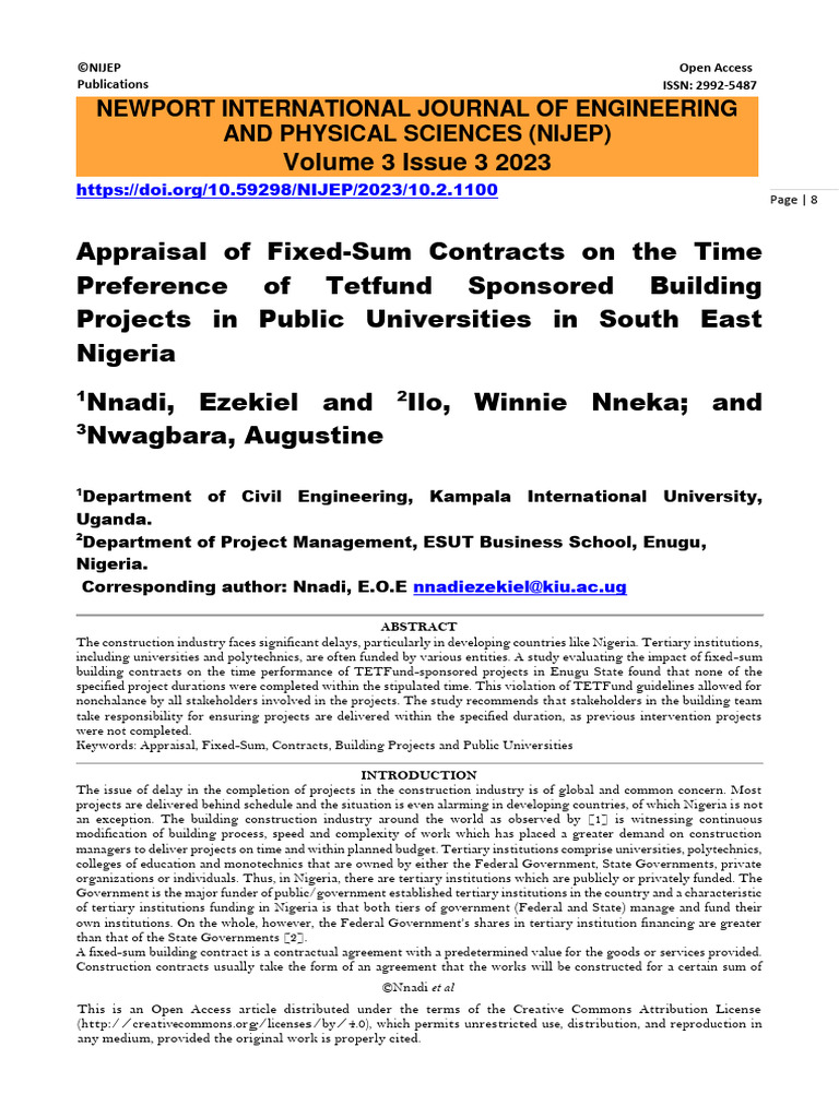 Appraisal of Fixed-Sum Contracts On The Time Preference of Tetfund ...