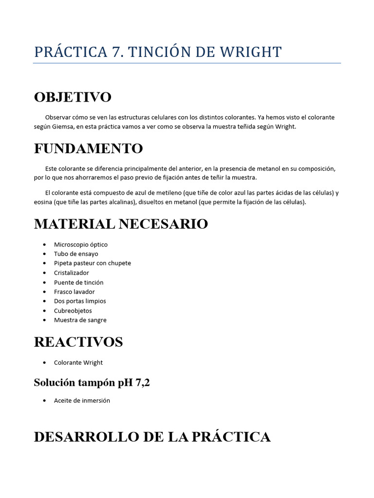 Práctica 7.- Tinción de Wright | PDF | Tinción | Técnicas de laboratorio.