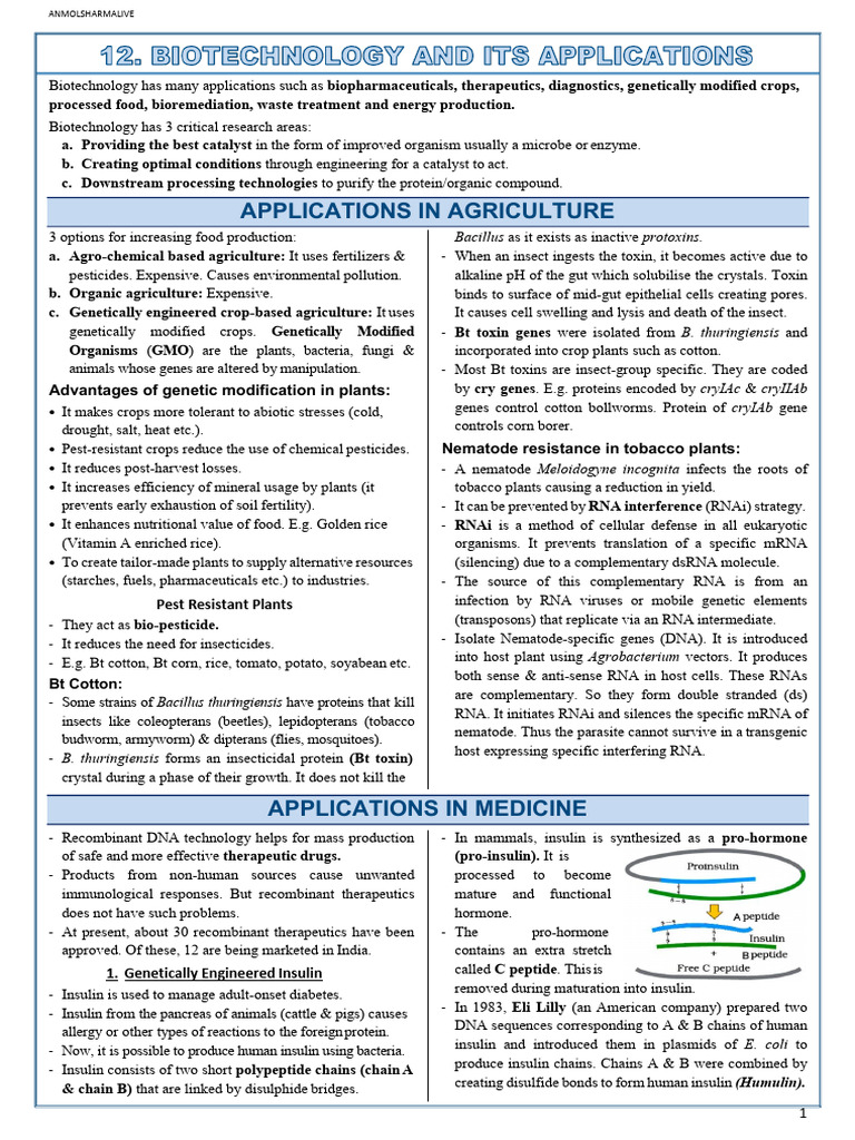 Biotechnology N Its Applications-Notes | PDF | Rna | Insulin