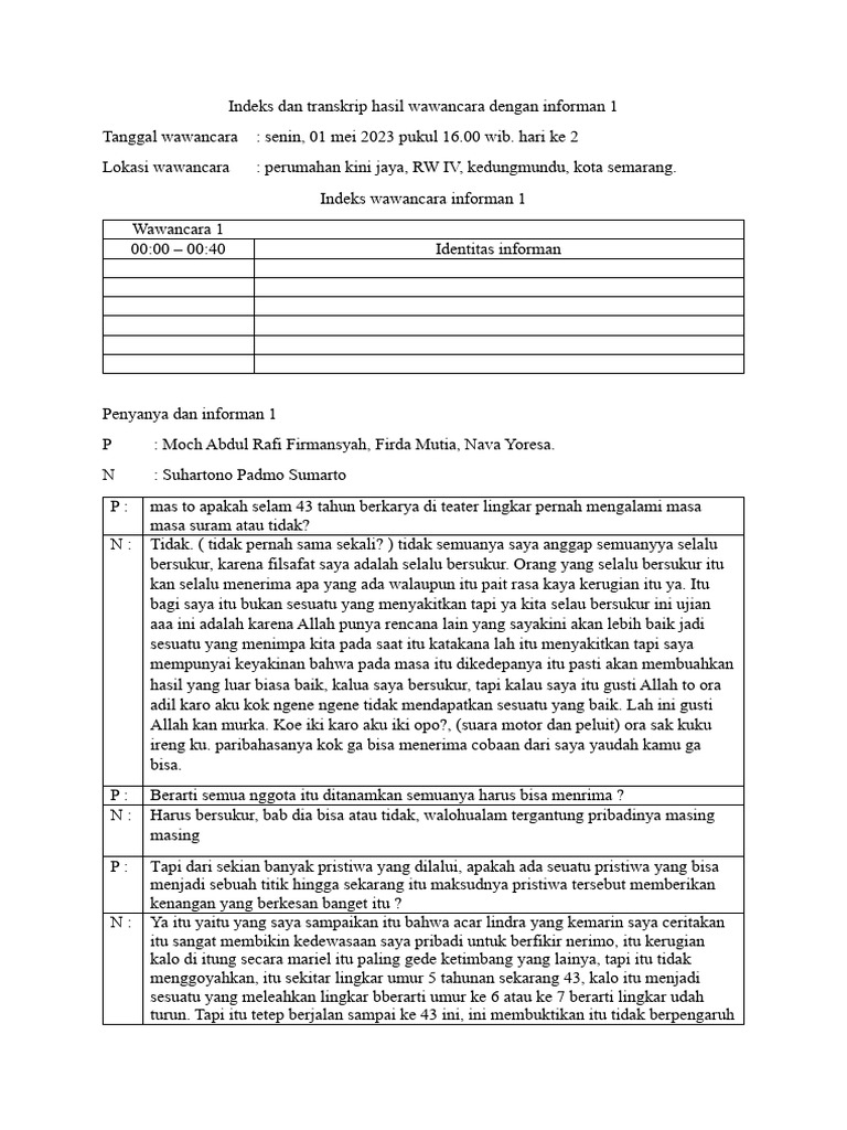 Indeks Dan Transkrip Hasil Wawancara Dengan Informan 1 | PDF