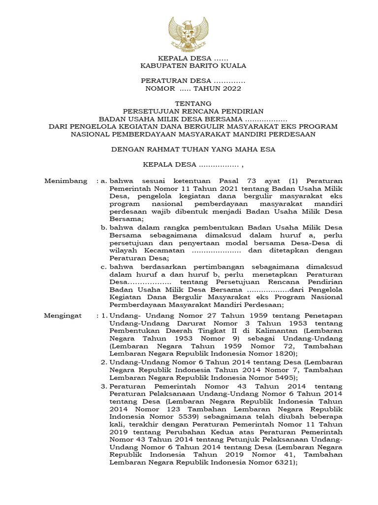 02.draft - Perdes Persetujuan Pembentukan BUMDesma LKD Eks DBM PNPM MPD | PDF