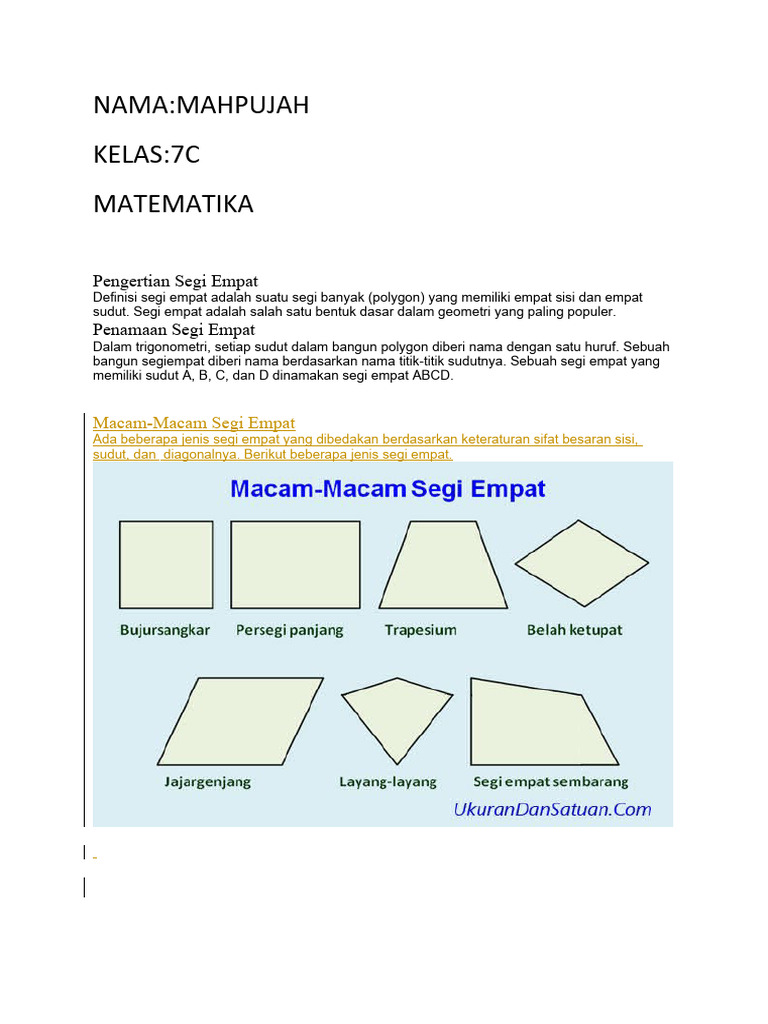 Nama:Mahpujah Kelas:7C Matematika: Pengertian Segi Empat Penamaan Segi Empat | PDF | Griya & Taman