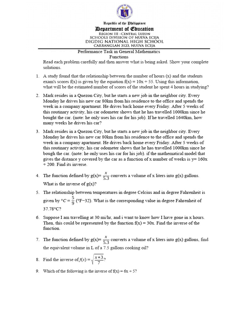 Activity in Gen Math One To One Functions | PDF | Function (Mathematics ...