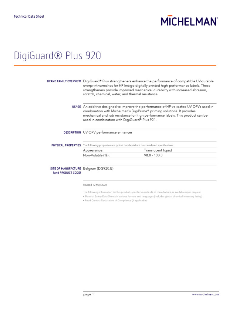 Digiguard® Plus 920: Technical Data Sheet | PDF | Implied Warranty