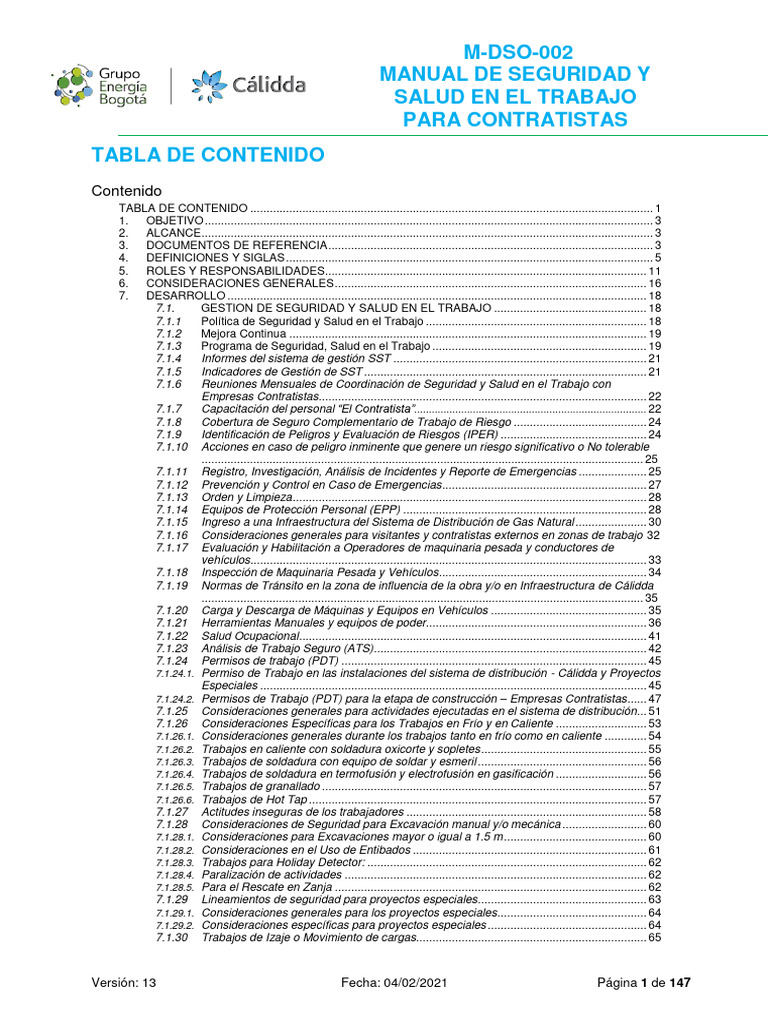 RESUMEN Manual SST para Contratistas. Ver 13 - Opt - CALIDDA | PDF | Perforar | Perforación