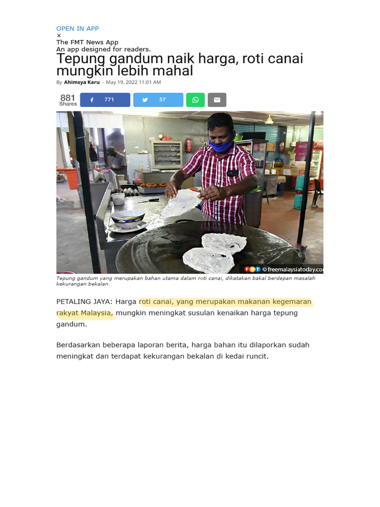 Tepung Gandum Naik Harga, Roti Canai Mungkin Lebih Mahal - Free ...