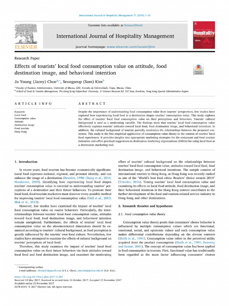 Effects of Tourists' Local Food Consumption Value On Attitude, Food Destination Image, and ...