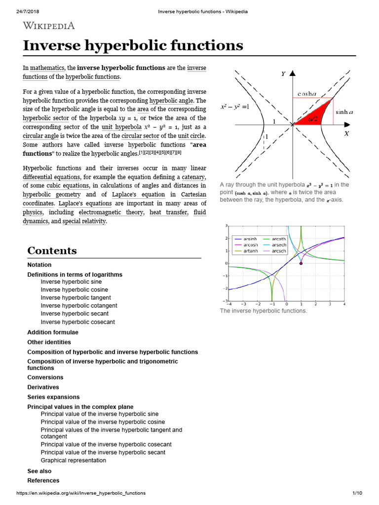Inverse Hyperbolic Functions - Wikipedia | PDF | Trigonometric Functions | Mathematical Analysis