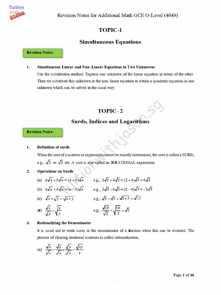 Revision Notes For A Math GCE O Level 4049 For Website Edited 1 Sep 22 ...
