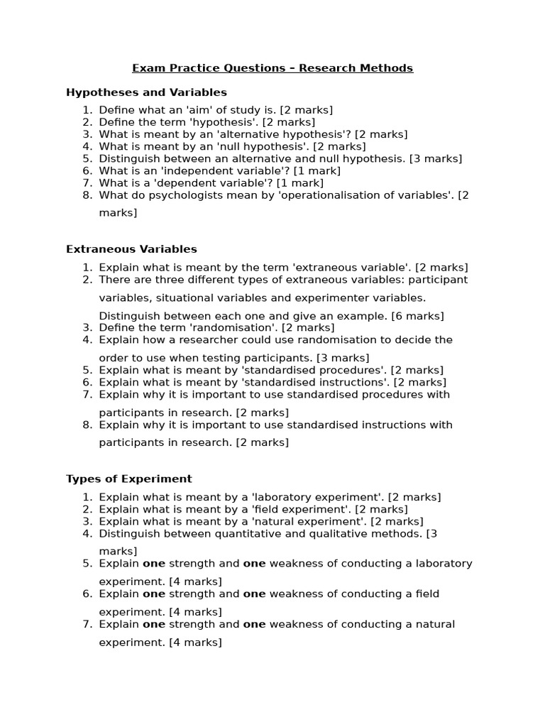 Exam Practice Questions Research Methods | PDF | Experiment | Hypothesis