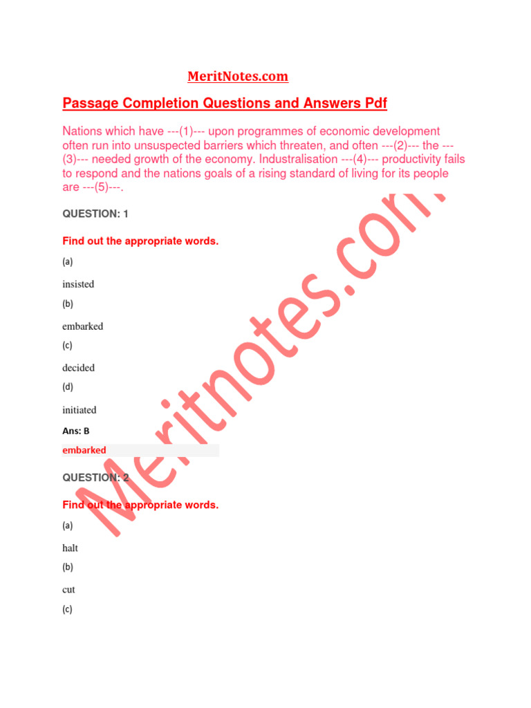 Passage Completion Questions Answers Pdf