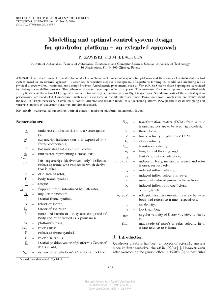2014 Modelling - and - Optimal - Control - System - Design - For - Quadrotor | PDF | Rotation ...