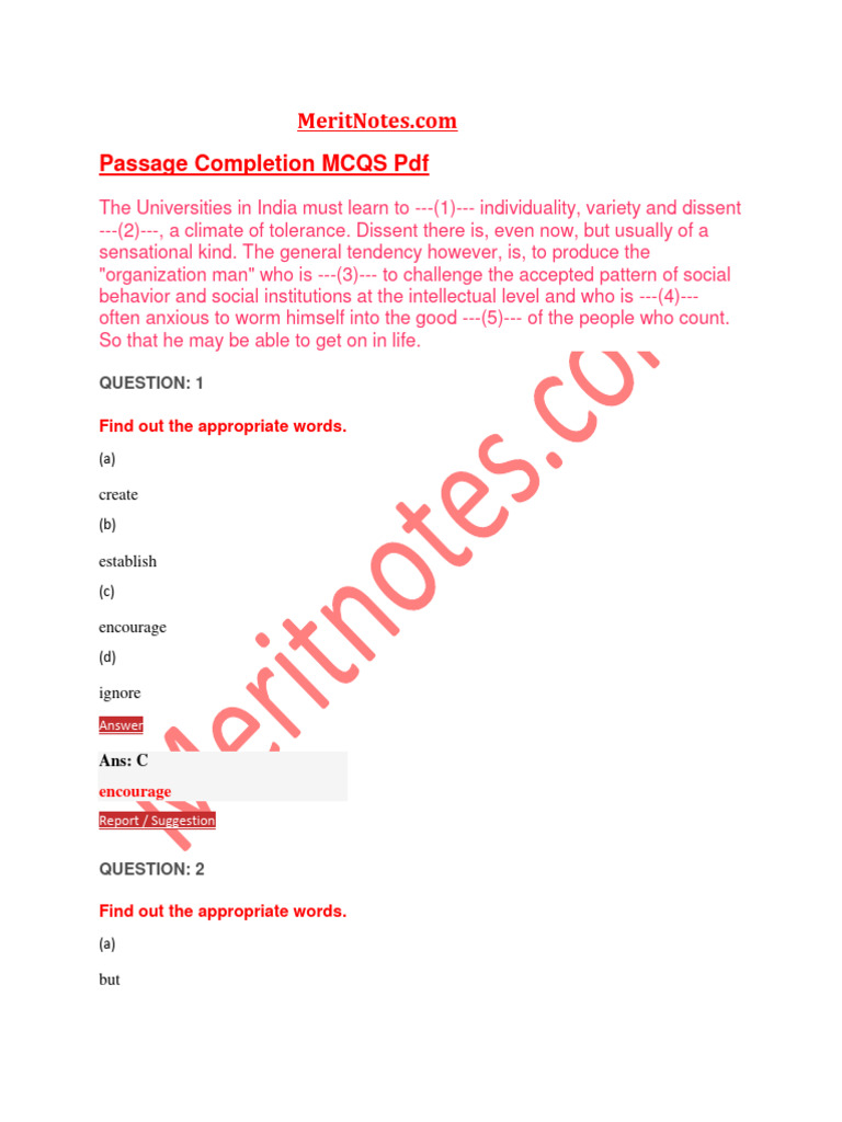 Passage Completion MCQ | PDF