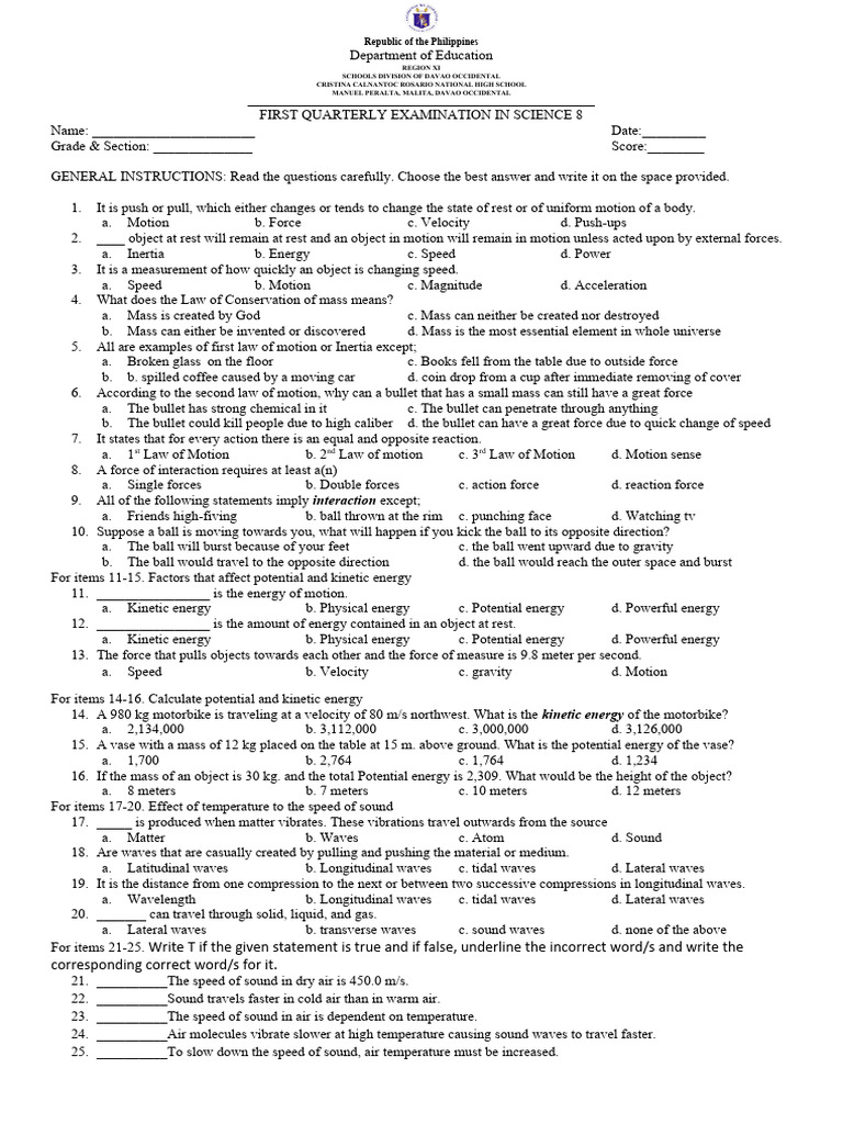 FIRST QUARTER EXAMINATION in Science 8 | PDF | Force | Heat