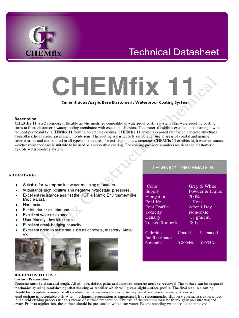 Chemfix 11 Water Proofing | PDF | Concrete | Coating