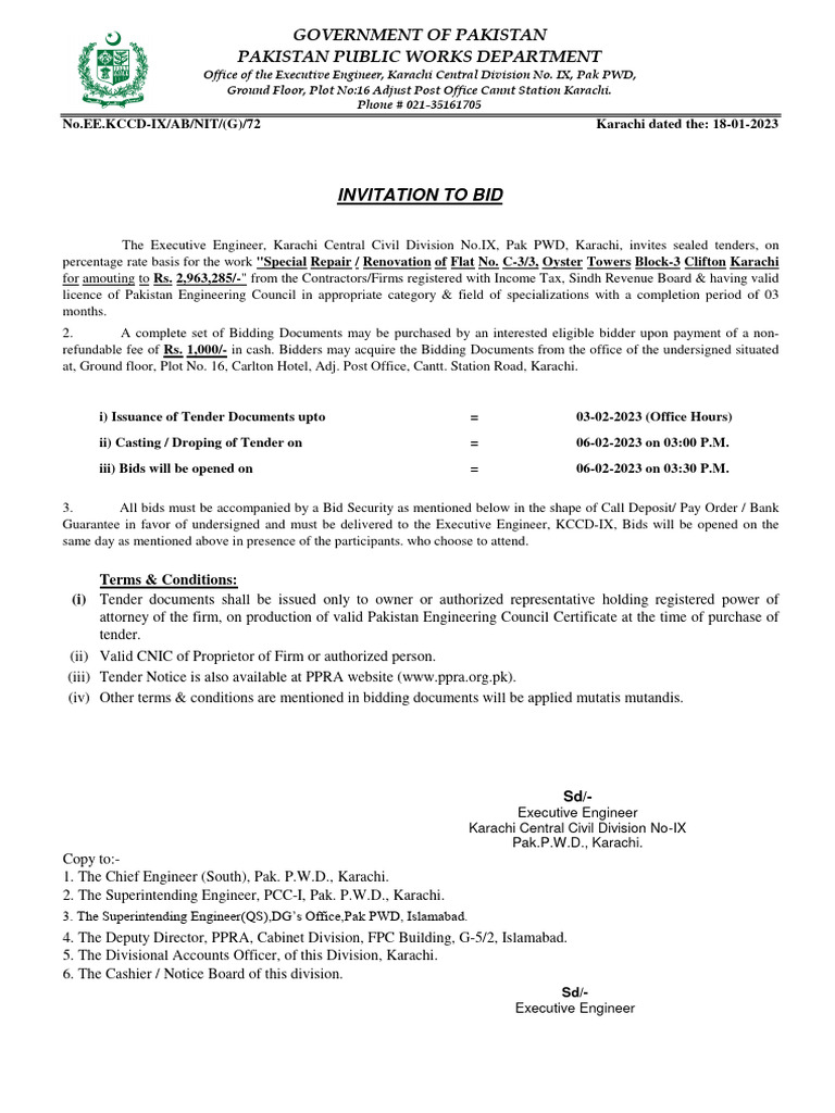PAK PWD Tender | PDF | Karachi | Government