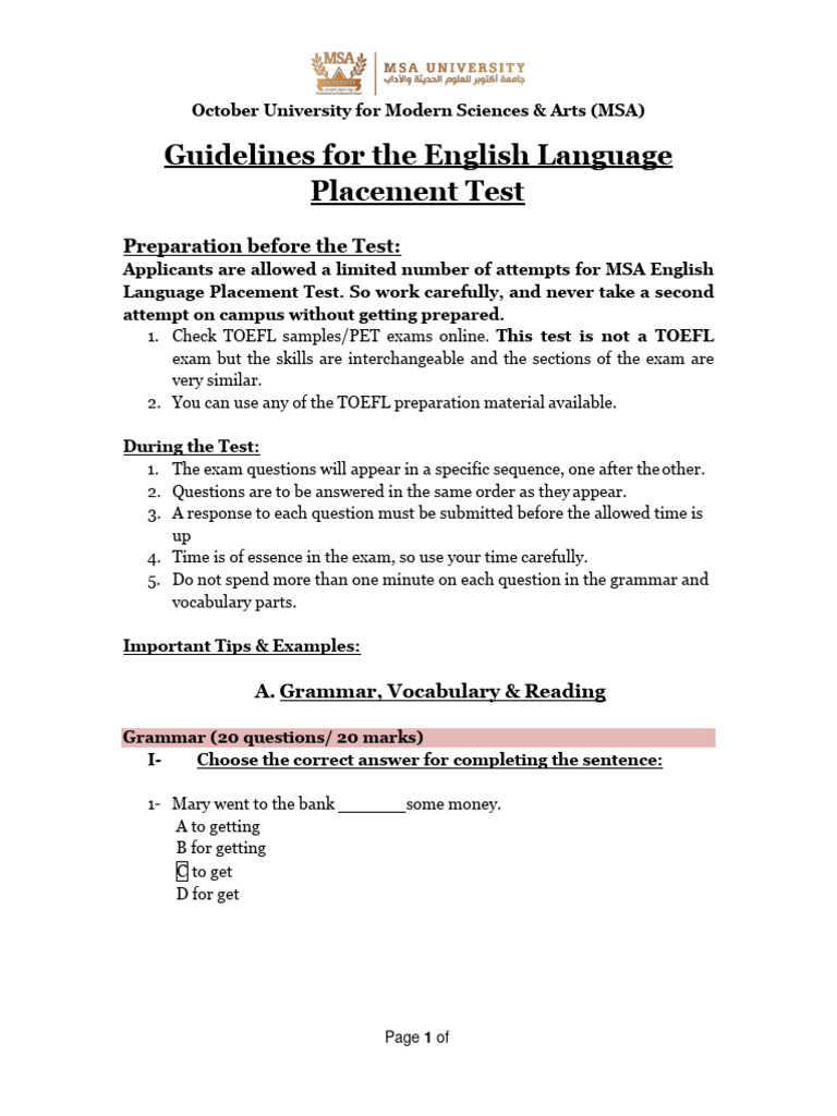 MSA English Placement Test Guidelines | PDF | Test Of English As A ...