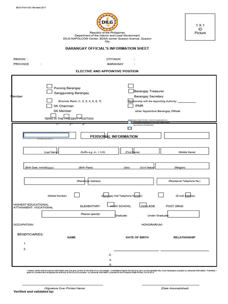 Barangay Official's Information Sheet | PDF | Government