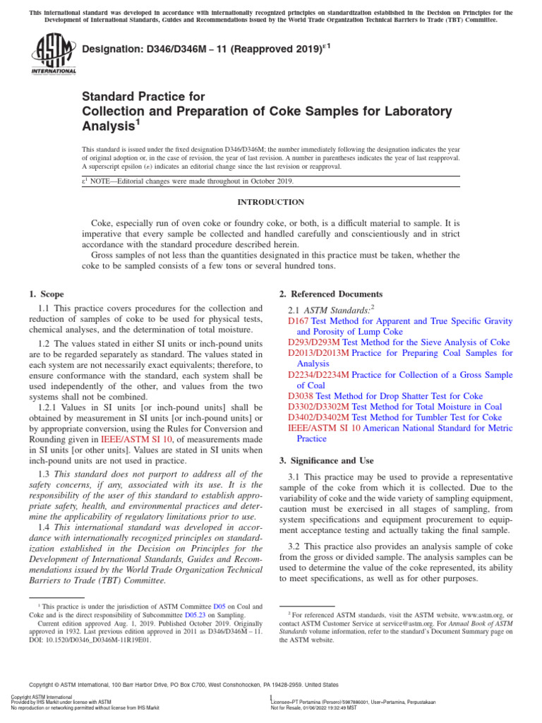 Astm D346 | PDF | Coke (Fuel) | International System Of Units