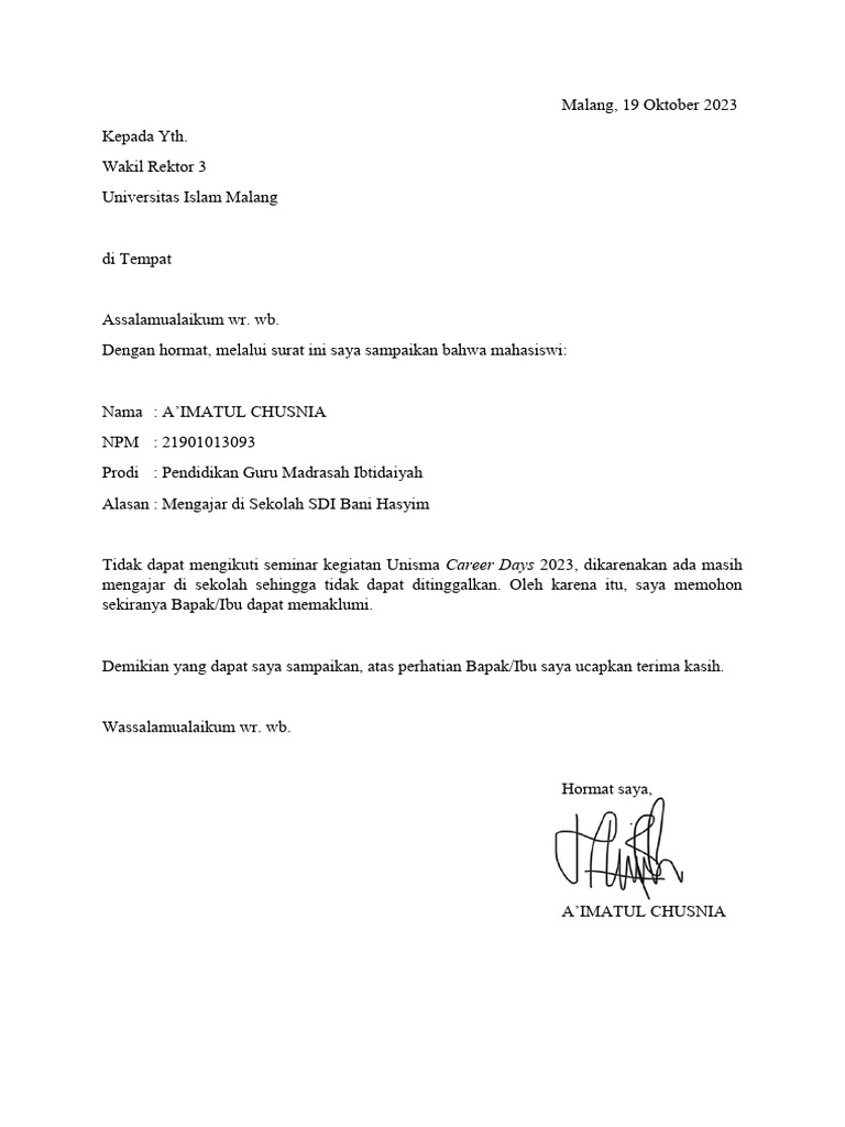 Surat Izin Tidak Mengikuti Seminar | PDF