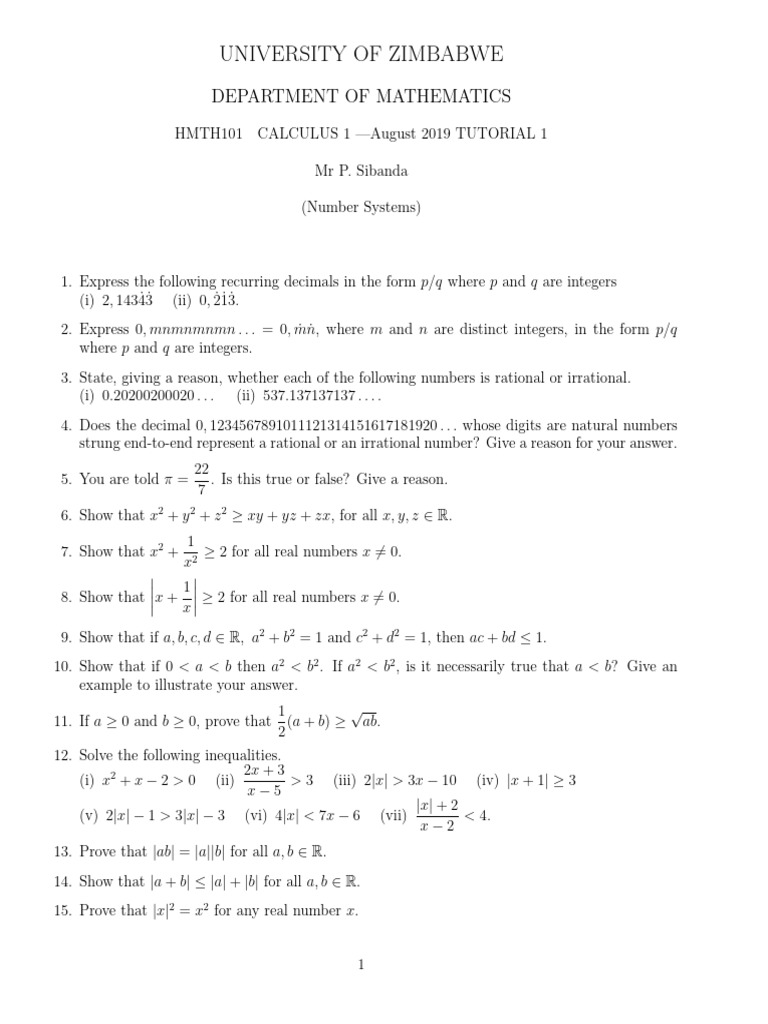 HMTH 101tutorial 1 2019 | PDF | Numbers | Arithmetic