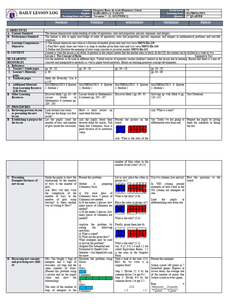 DLL - Math 6 - Q2 - W1 | PDF | Ratio | Mathematics