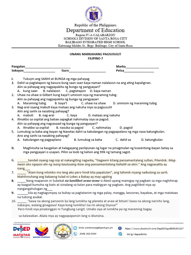 G7 Filipino - 1st PT - 2023 2024 1 | PDF