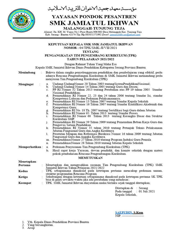 Pengangkatan TPK SMK Jamiatul Ikhwan 2021 | PDF