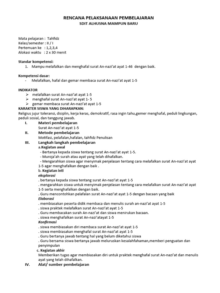 RPP TAHFIDZ Kls II SMTR I | PDF