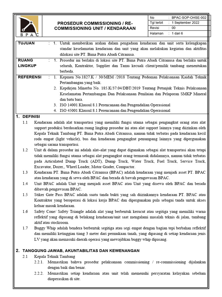 Bpac-Sop-Ohse-002 - Commissioning - Atau - Kelayakan - Alat Tambang | PDF