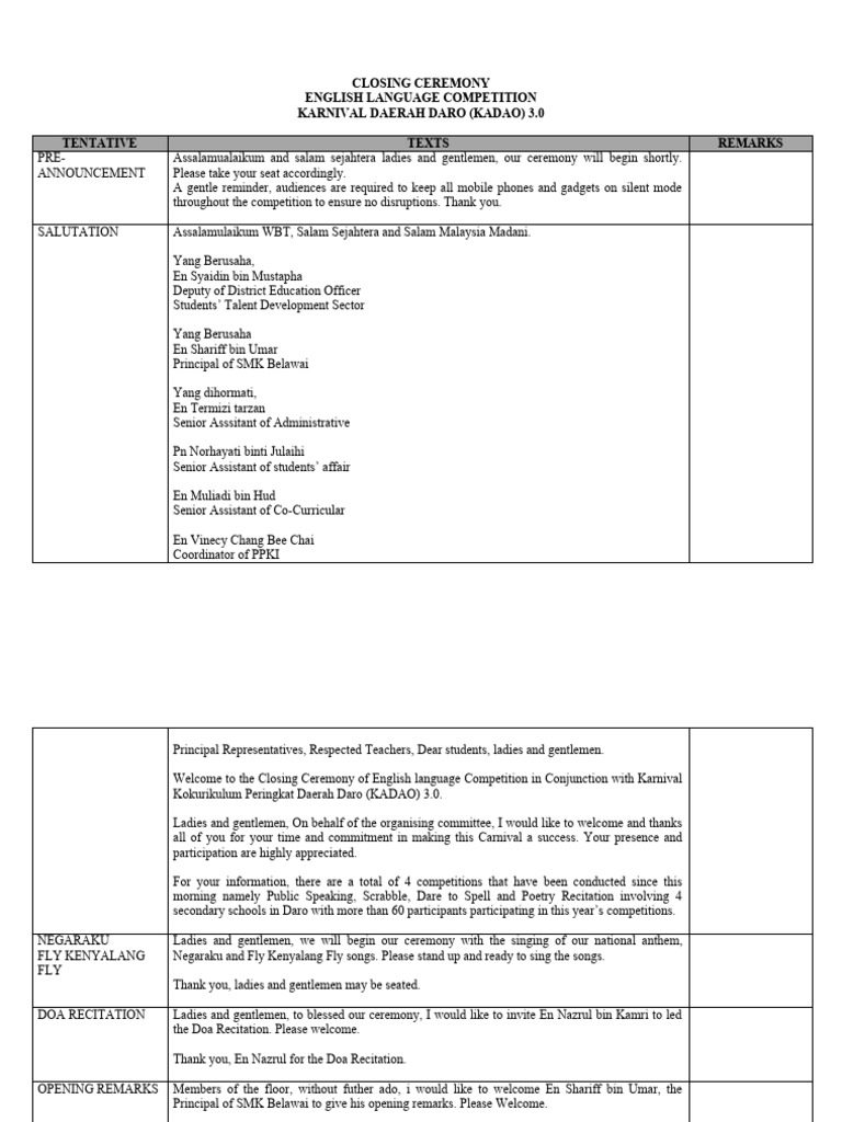 MC Text - Closing Ceremony | PDF | Cooking, Food & Wine
