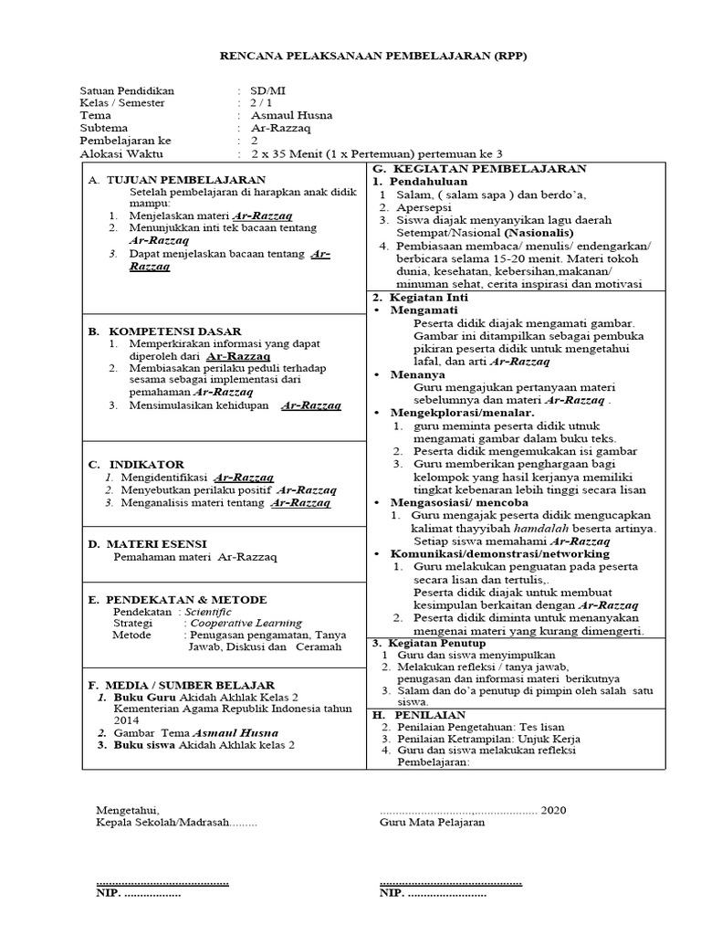 2.RPP Akidah Akhlak Kelas 2 Semester 1 Pelajaran 2 | PDF