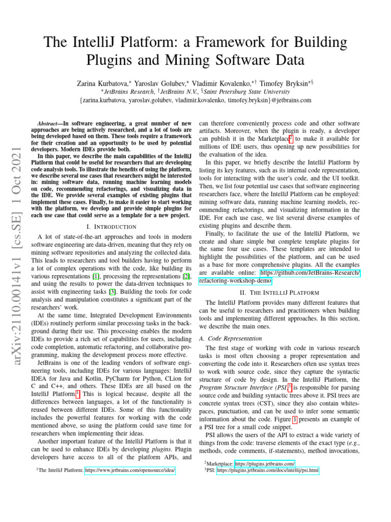 The Intellij Platform: A Framework For Building Plugins and Mining ...
