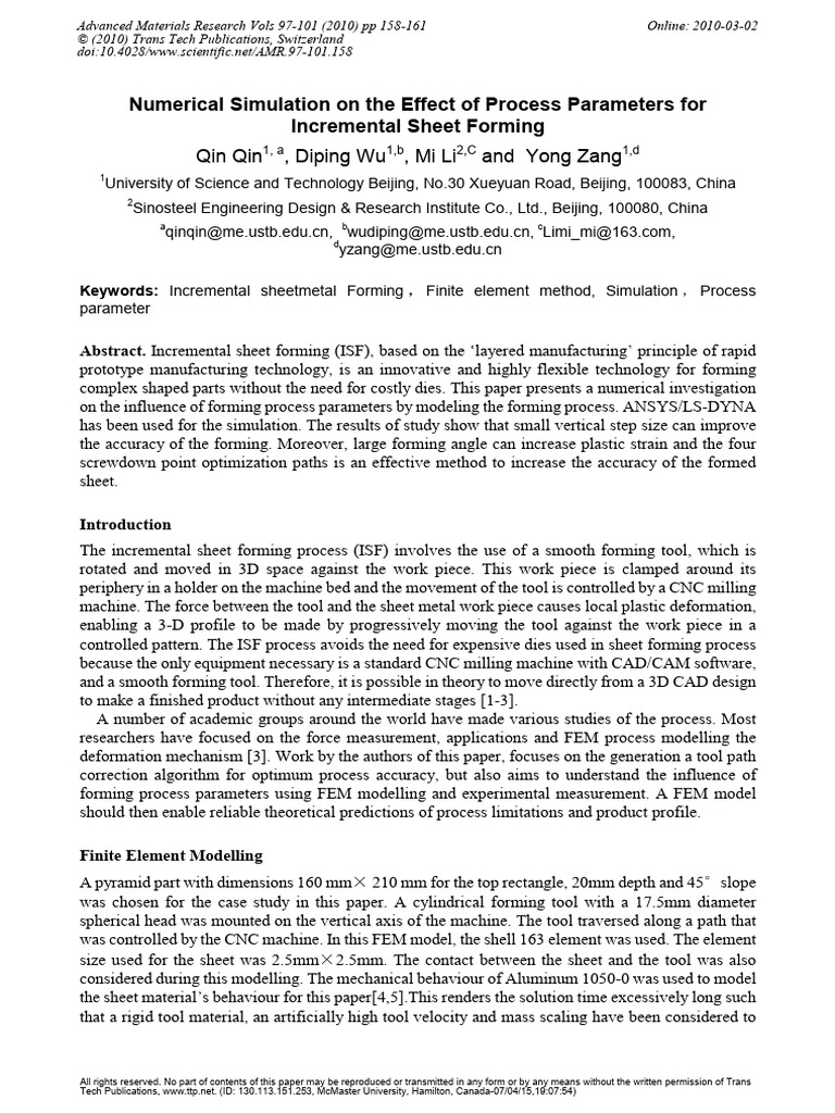 Ejournal - 2010 - Numerical Simulation On The Effect of Process Parameters For Incremental Sheet ...