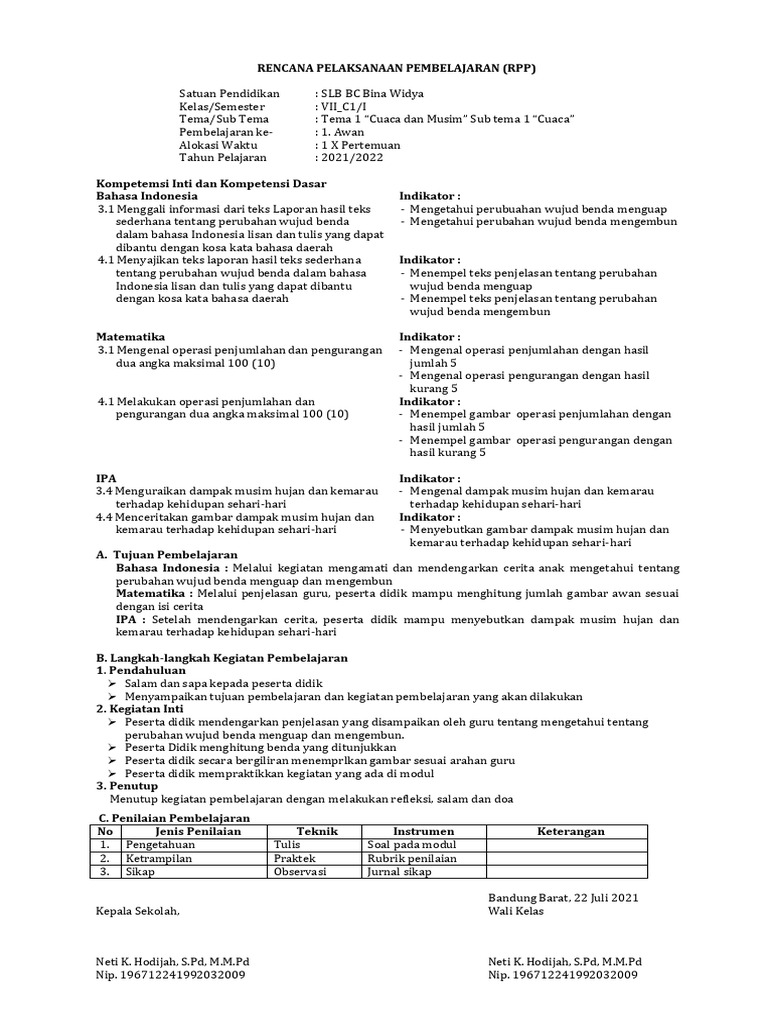 RPP Tematik Kelas VII Tunagrahita | PDF