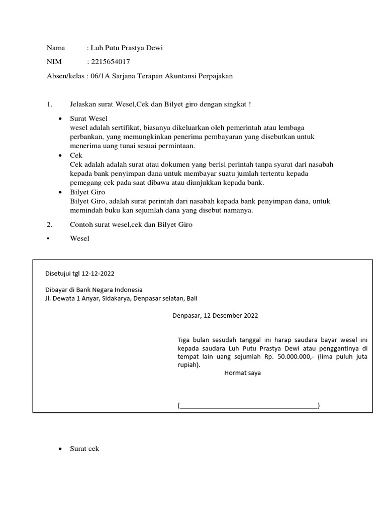 Surat Wesel, Cek, dan Bilyet Giro | PDF | Pengelolaan Keuangan & Uang