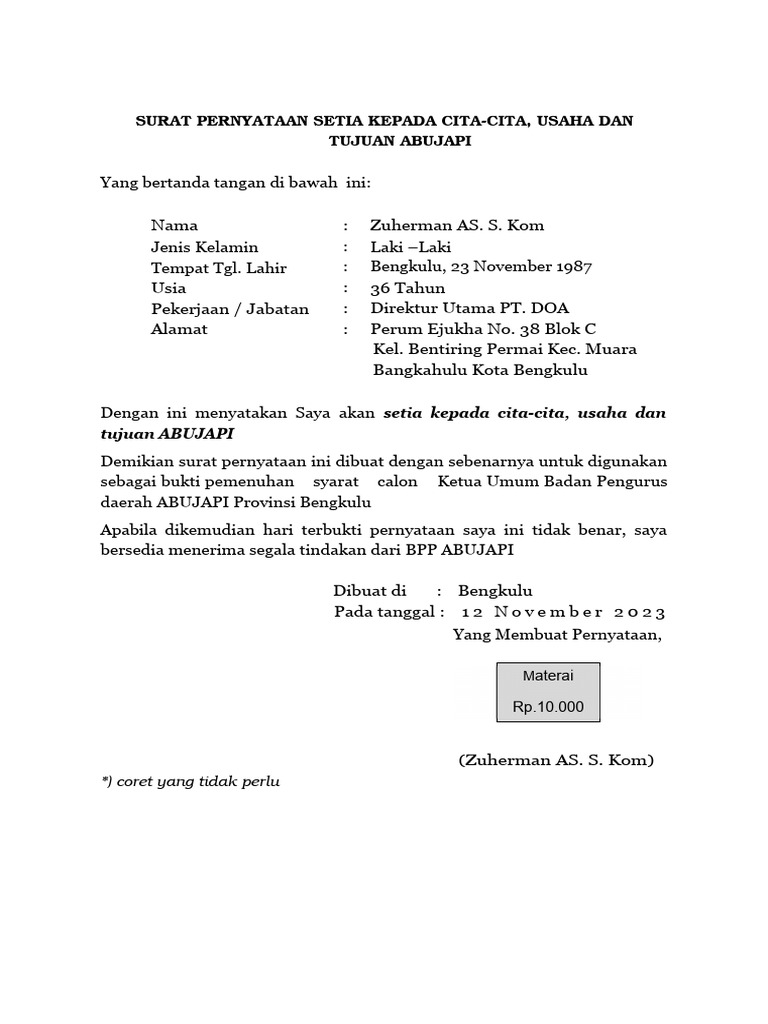 Surat Pernyataan Setia Kepada Cita Pdf 