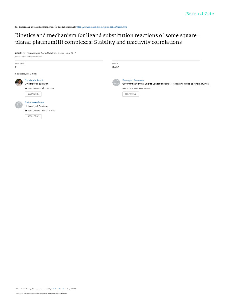 Kinetics and Mechanism For Ligand Substitution Reactions of Some Square-Planar Platinum (II ...